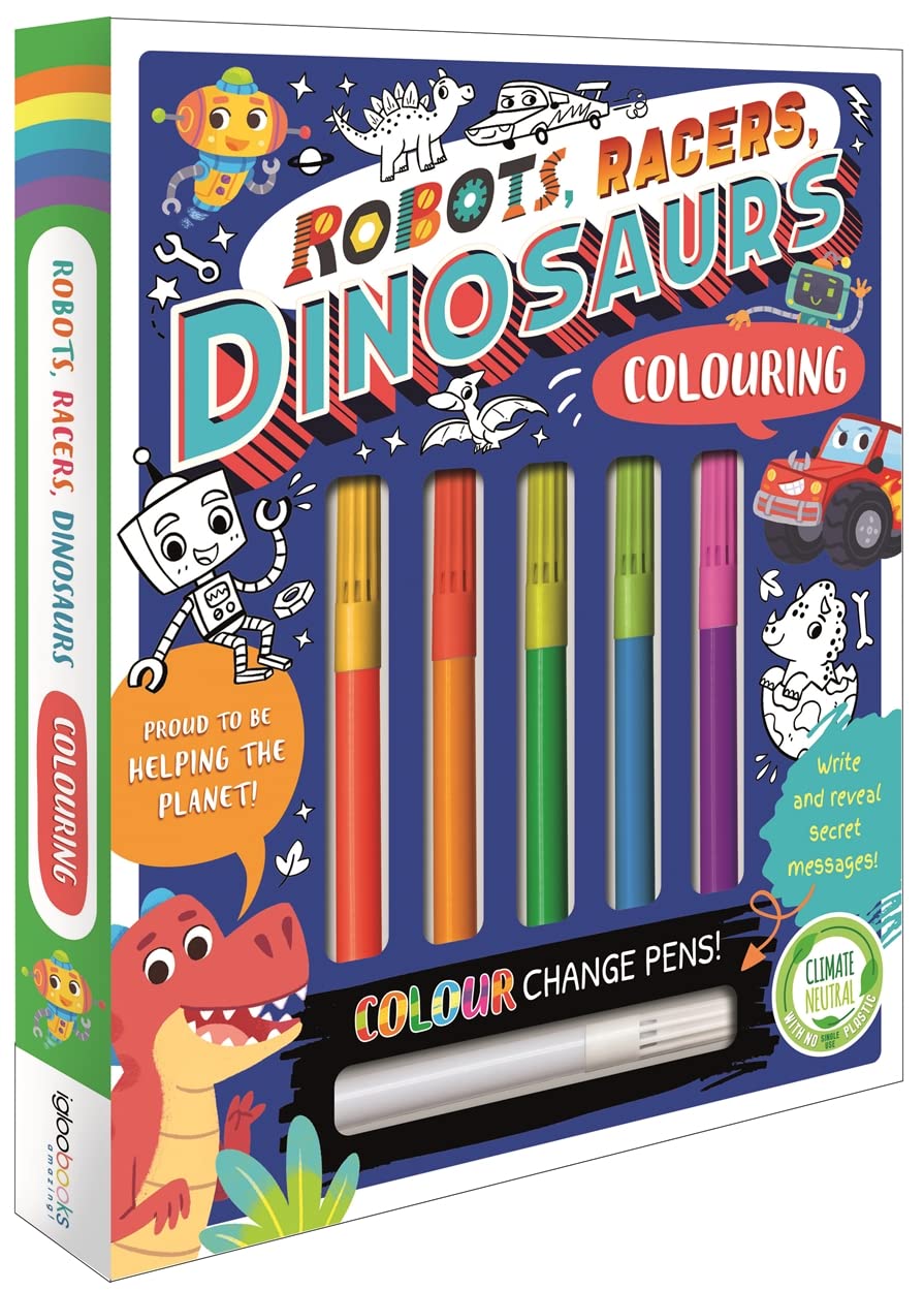 Robots, Racers, Dinosaurs Colouring (Book and Pen Set) – Book Mart W.L.L